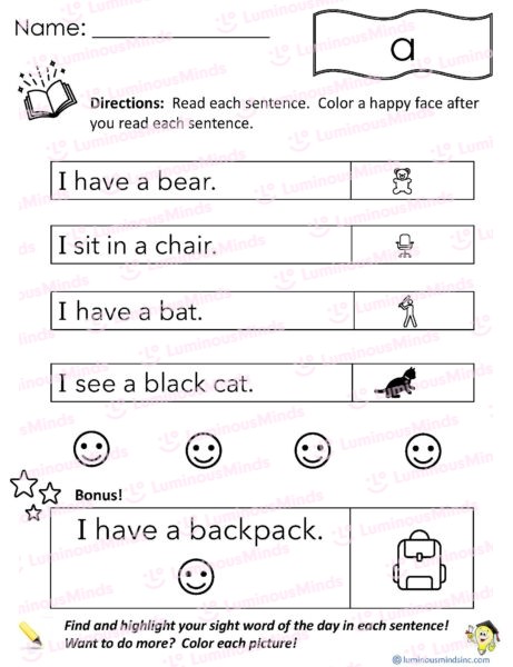 Reading Comprehension Worksheets - Reading with Sight Word: a