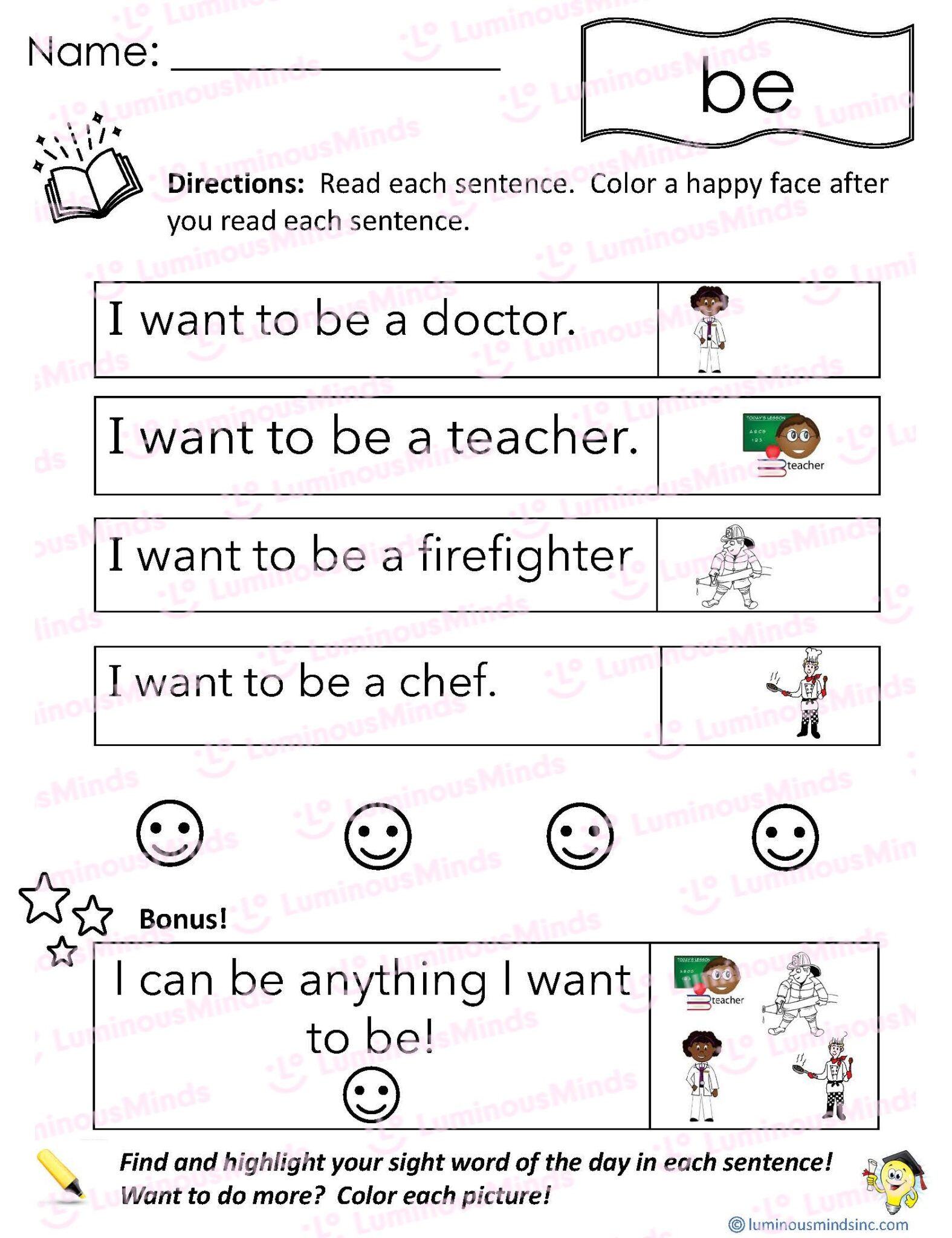 Reading Comprehension Worksheets - Reading with Sight Word: be