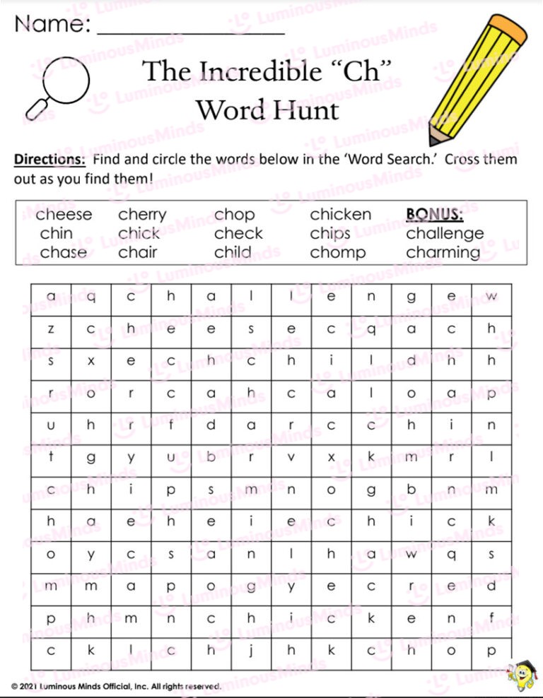 Reading Comprehension Worksheets - The Incredible Digraph “ch” Word Hunt