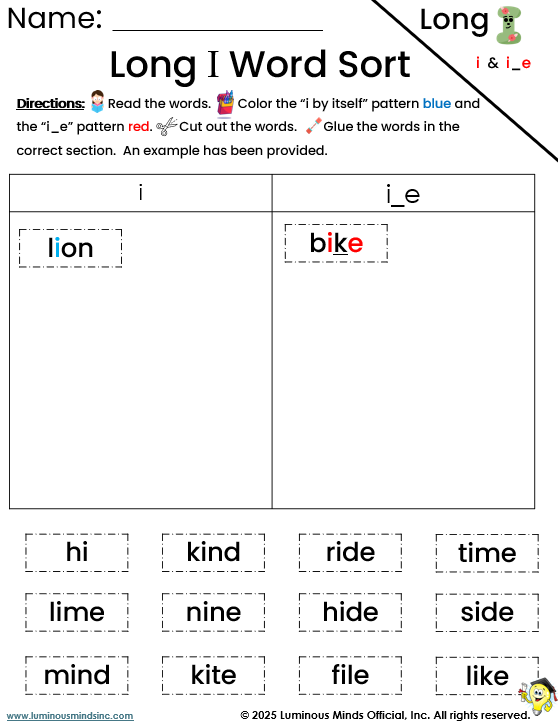 Reading Comprehension Worksheets - Long I Cut and Paste Word Sort ...