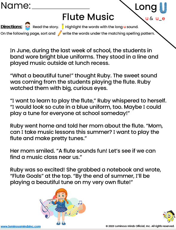 Reading Comprehension Worksheets - Long U Decodable Text & Word Sort ...