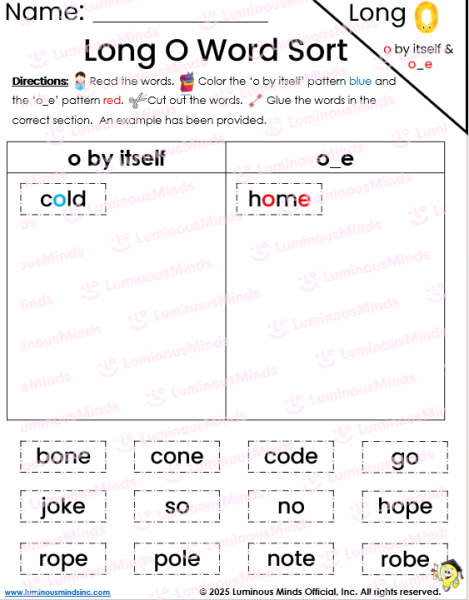 Reading Comprehension Worksheets - Long O Cut and Paste Word Sort ...
